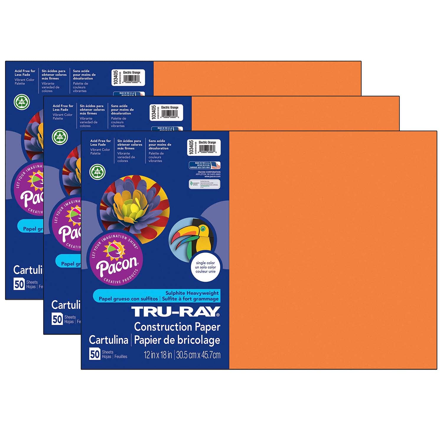 Tru-Ray® Construction Paper, Electric Orange, 12" x 18", 50 Sheets Per Pack, 3 Packs