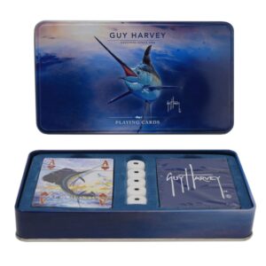 river's edge products playing cards and dice set, 2 decks of cards and 5 dice, themed deck of cards in tin case, unique novelty casino cards for poker and gambling games, guy harvey