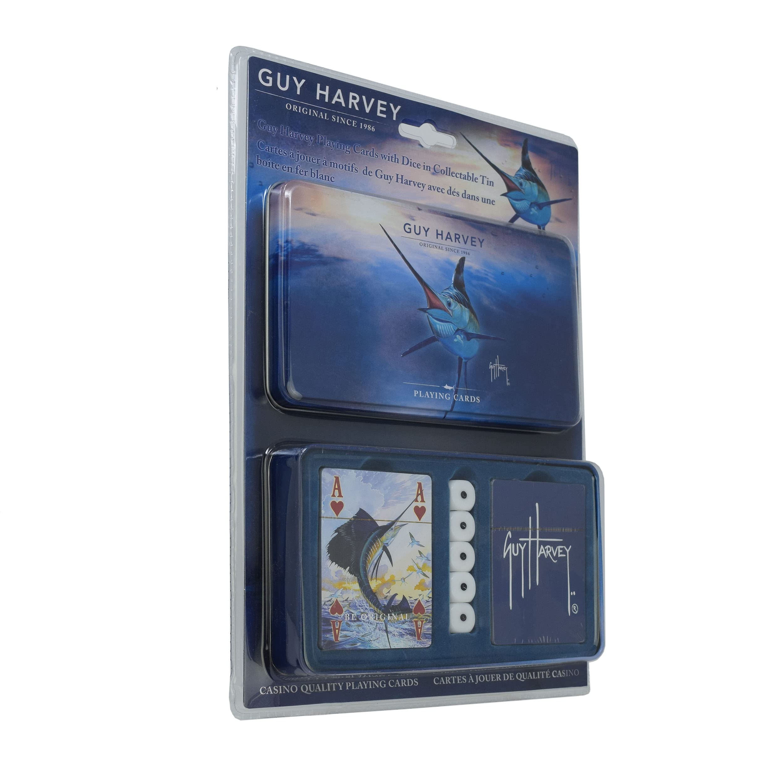 River's Edge Products Playing Cards and Dice Set, 2 Decks of Cards and 5 Dice, Themed Deck of Cards in Tin Case, Unique Novelty Casino Cards for Poker and Gambling Games, Guy Harvey