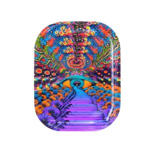 impressed cosmic 90s retro eye rolling tray for men & women – trippy abstract aesthetic 7" x 5" small red mini size cool rolling tray for girls & guys - metal design raw tobacco smoking accessories