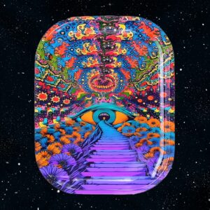 Impressed Cosmic 90s Retro Eye Rolling Tray for Men & Women – Trippy Abstract Aesthetic 7" X 5" Small Red Mini Size Cool Rolling Tray for Girls & Guys - Metal Design Raw Tobacco Smoking Accessories