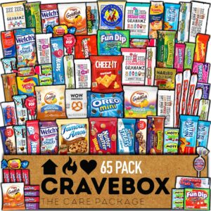 cravebox snacks box variety pack care package (65 count) finals treats gift basket boxes pack adults kids grandkids guys girls women men boyfriend birthday cookies chips teenage mix college student food sampler office school