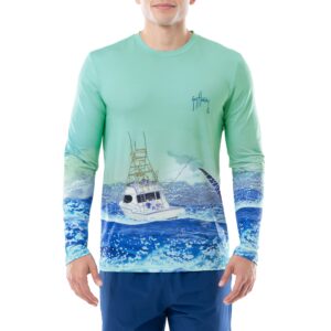 guy harvey men’s long sleeve performance shirt with 50+ upf sun protection, beach glass/offshore charter, 3x-large