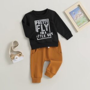 Toddler Boy Clothes Pretty Fly for A Little Guy Outfit Long Sleeve Sweatshirt Top Jogger Pants Cute 2Pcs Set 0-3T (Black, 0-6 Months)