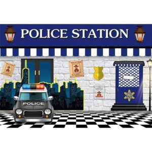 police station backdrop police theme large police booth car gray brick wall photography background wanted white and black road cool boy man birthday party baby shower guy room wallpaper 7x5ft