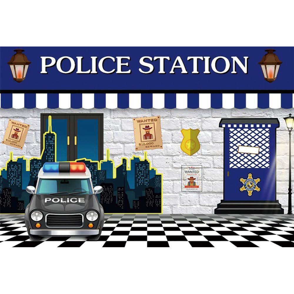 Police Station Backdrop Police Theme Large Police Booth Car Gray Brick Wall Photography Background Wanted White and Black Road Cool Boy Man Birthday Party Baby Shower Guy Room Wallpaper 7x5ft