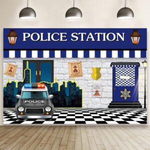 Police Station Backdrop Police Theme Large Police Booth Car Gray Brick Wall Photography Background Wanted White and Black Road Cool Boy Man Birthday Party Baby Shower Guy Room Wallpaper 7x5ft