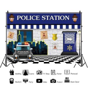 Police Station Backdrop Police Theme Large Police Booth Car Gray Brick Wall Photography Background Wanted White and Black Road Cool Boy Man Birthday Party Baby Shower Guy Room Wallpaper 7x5ft