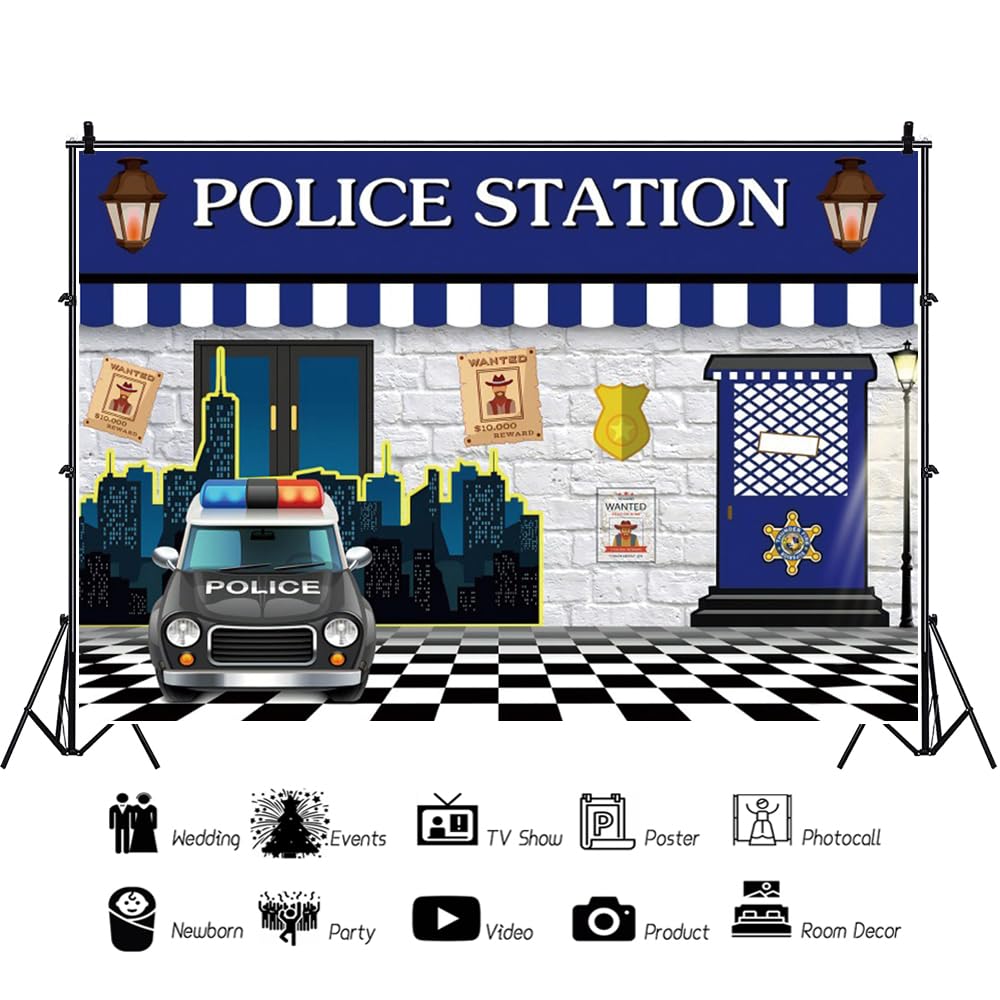 Police Station Backdrop Police Theme Large Police Booth Car Gray Brick Wall Photography Background Wanted White and Black Road Cool Boy Man Birthday Party Baby Shower Guy Room Wallpaper 7x5ft