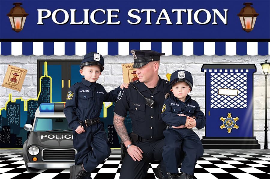 Police Station Backdrop Police Theme Large Police Booth Car Gray Brick Wall Photography Background Wanted White and Black Road Cool Boy Man Birthday Party Baby Shower Guy Room Wallpaper 7x5ft