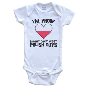 really awesome shirts i'm proof mommy can't resist polish guys poland flag heart one piece baby bodysuit, 3-6 months white