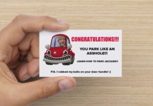 crazy novelty guy 25 cards - funny bad parking prank revenge practical joke card, congratulations, you park like an asshole, learn how to park jackass, standard business card size