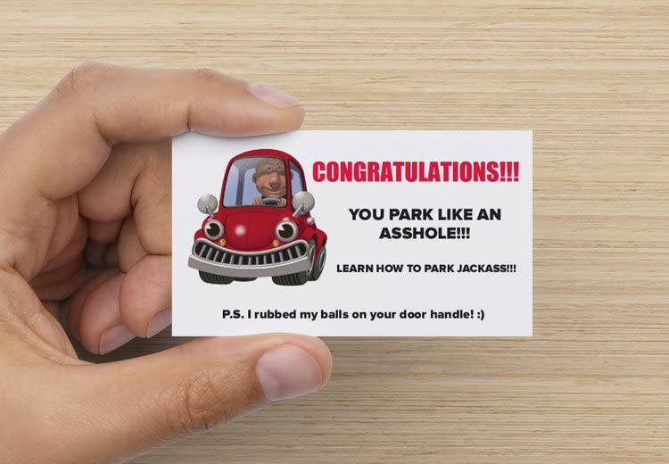 Crazy Novelty Guy 25 Cards - Funny Bad Parking Prank Revenge Practical Joke Card, Congratulations, You Park Like an Asshole, Learn How to Park Jackass, Standard Business Card Size