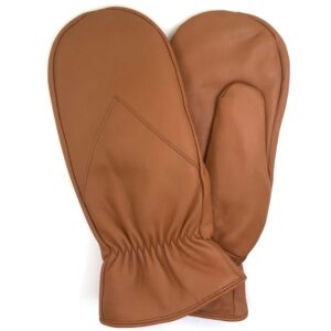 ZLUXURQ Mens Lambskin Leather Mittens Gloves Thick Fleece Lined Tan