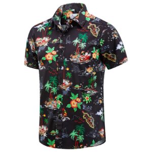 euow men christmas button down shirt for men short sleeve funny santa hawaiian vacation shirts（christmas black,l