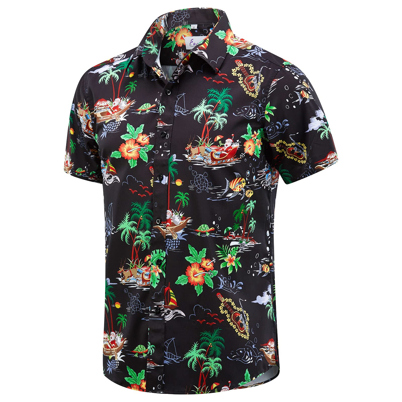 EUOW Men Christmas Button Down Shirt for Men Short Sleeve Funny Santa Hawaiian Vacation Shirts（Christmas Black,L