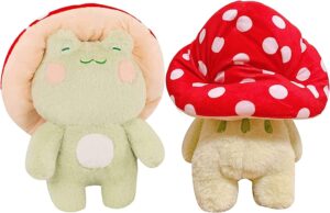 frog plush toys, 10" cute frog with red mushroom hat stuffed animals, kawaii plushies gift for kids girls adults valentines birthdays gift（light green red hat, 10inch