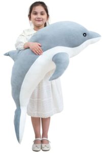 kekeso dolphin stuffed animals plush toy, giant dolphin plush pillow soft whale hugging pillow whale sleeping pillow for children girls (gray, 39.37inch)