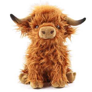 highland cows stuffed animal realistic scottish cow plush toy soft farm animal cattle plushie doll present for adults kids boys girls (brown cow, 10.8 inch)