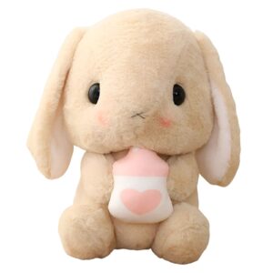 houpu soft toy - sitting lop eared rabbit, easter white rabbit stuffed bunny animal with carrot soft lovely realistic long-eared standing pink plush toys (brown-milk bottle,8.6in/22cm)