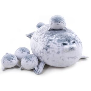 toysym chubby blob seal pillow cute seal plush with 4 baby seal plushies in her tummy, soft cotton stuffed animals toy gifts for kids