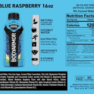 BODYARMOR Sports Drink Sports Beverage, Blue Raspberry, Coconut Water Hydration, Natural Flavors With Vitamins, Potassium-Packed Electrolytes, Perfect For Athletes, 16 Fl Oz (Pack of 12)