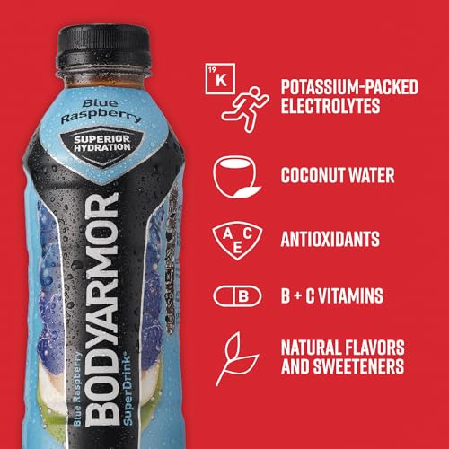 BODYARMOR Sports Drink Sports Beverage, Blue Raspberry, Coconut Water Hydration, Natural Flavors With Vitamins, Potassium-Packed Electrolytes, Perfect For Athletes, 16 Fl Oz (Pack of 12)