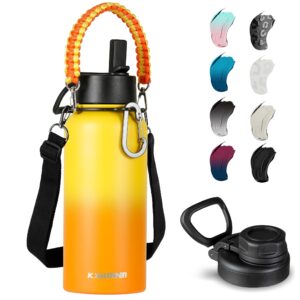 32 oz insulated water bottle with paracord handles & strap, 2 lids(straw lid&spout lid), stainless steel reusable wide mouth metal water bottle with straw, double walled, thermo mug（mango yellow)