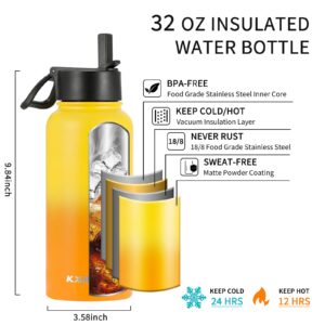 32 oz Insulated Water Bottle with Paracord Handles & Strap, 2 Lids(Straw Lid&Spout Lid), Stainless Steel Reusable Wide Mouth Metal Water Bottle With Straw, Double Walled, Thermo Mug（Mango Yellow)