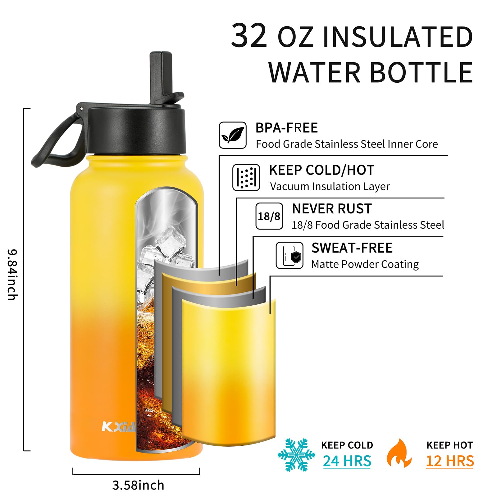 32 oz Insulated Water Bottle with Paracord Handles & Strap, 2 Lids(Straw Lid&Spout Lid), Stainless Steel Reusable Wide Mouth Metal Water Bottle With Straw, Double Walled, Thermo Mug（Mango Yellow)