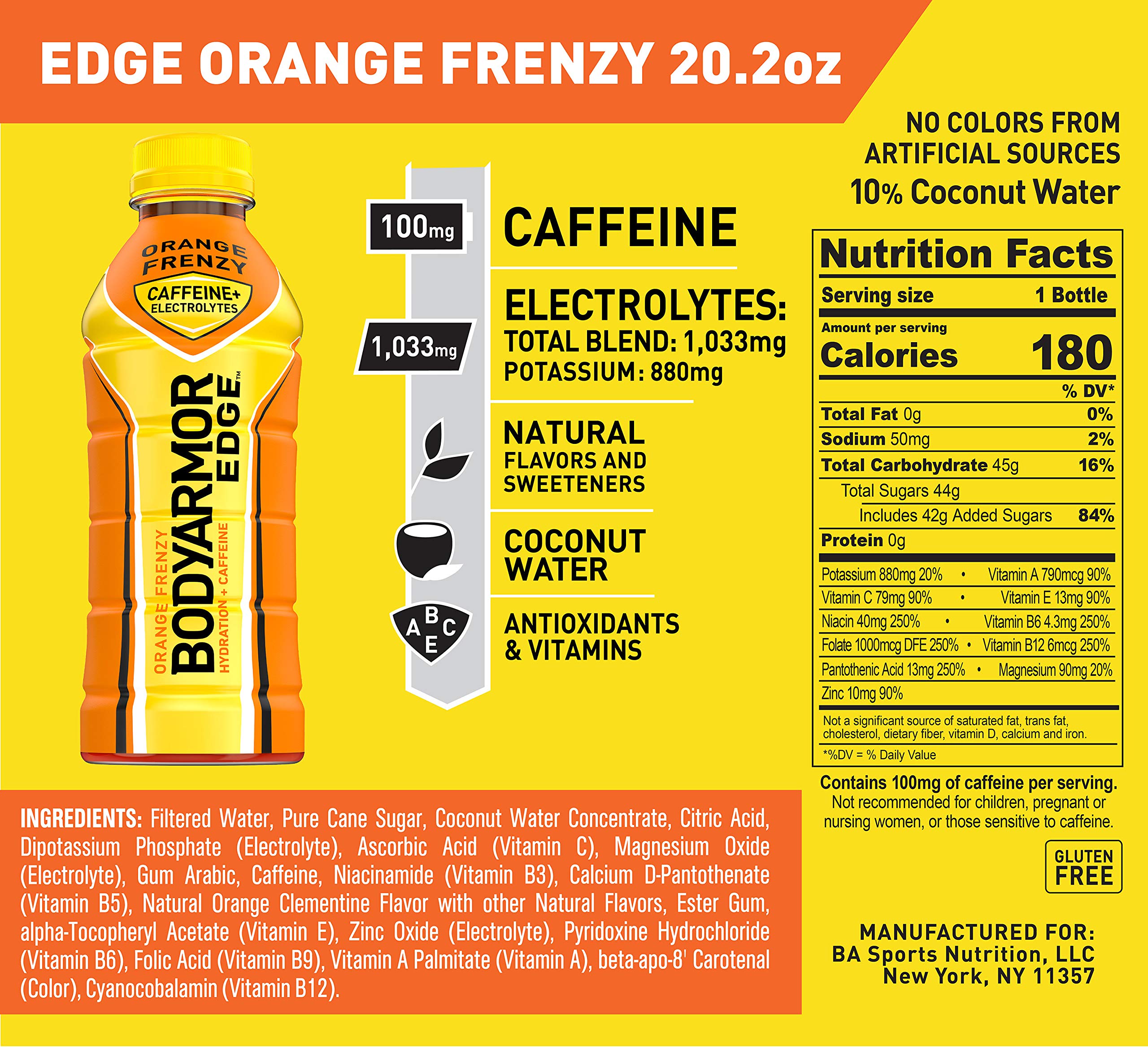 BODYARMOR EDGE Sports Drink with Caffeine, Orange Frenzy, Potassium-Packed Electrolytes, Caffeine Boost, Natural Flavors With Vitamins, Perfect for Athletes 20.2 Fl Oz (Pack of 12)