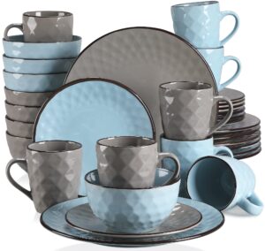 vancasso gem embossed dinnerware set for 8, blue and grey dinner service with brown rim, 32-piece dinner set with 10.6in dinner plate, 7.8in dessert plate, 6in cereal bowl and 350ml mug