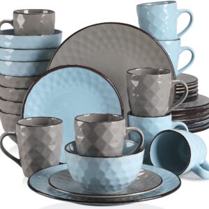 vancasso Gem Embossed Dinnerware Set for 8, Blue and Grey Dinner Service with Brown Rim, 32-Piece Dinner Set with 10.6in Dinner Plate, 7.8in Dessert Plate, 6in Cereal Bowl and 350ml Mug