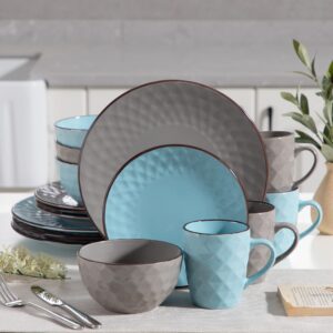 vancasso Gem Embossed Dinnerware Set for 8, Blue and Grey Dinner Service with Brown Rim, 32-Piece Dinner Set with 10.6in Dinner Plate, 7.8in Dessert Plate, 6in Cereal Bowl and 350ml Mug