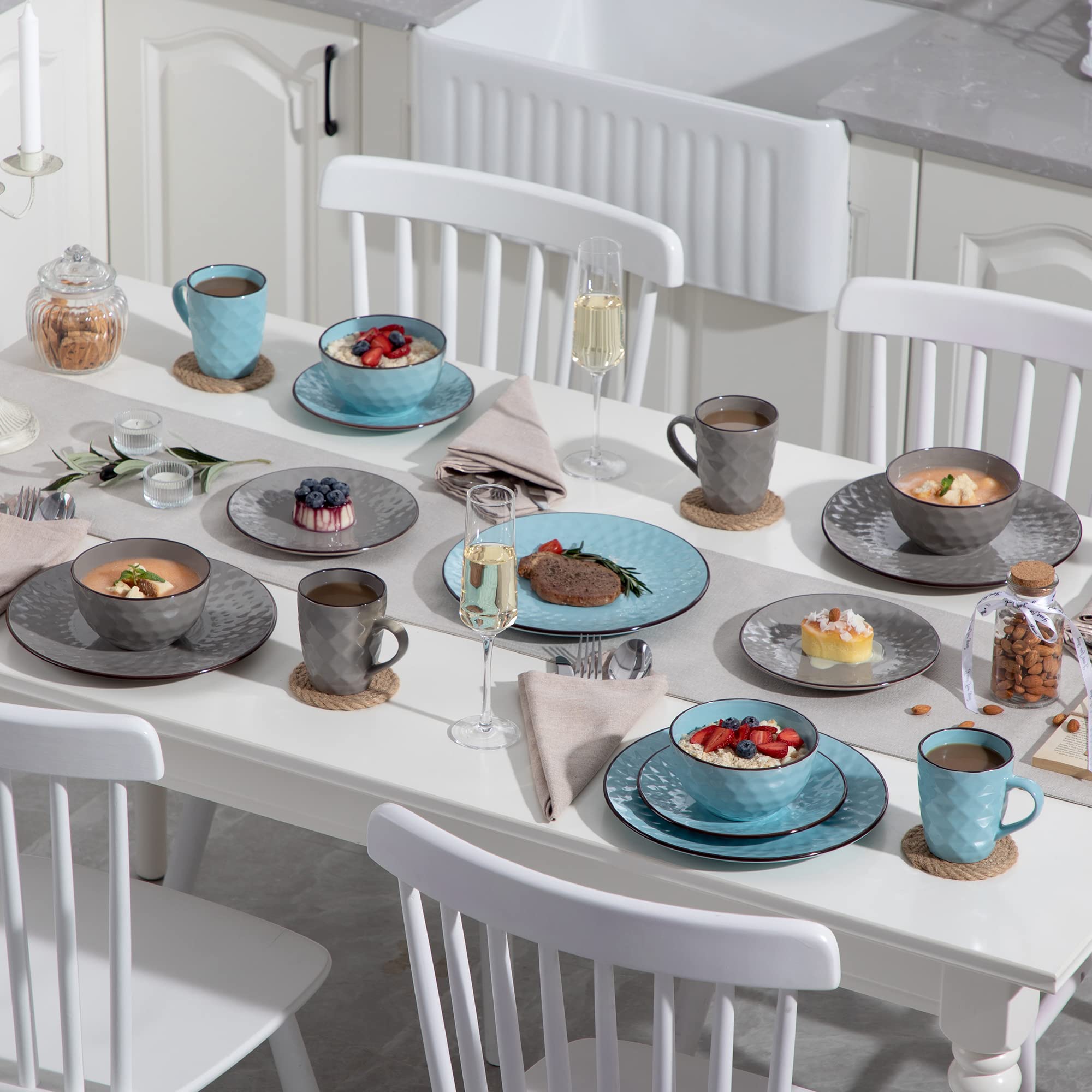 vancasso Gem Embossed Dinnerware Set for 8, Blue and Grey Dinner Service with Brown Rim, 32-Piece Dinner Set with 10.6in Dinner Plate, 7.8in Dessert Plate, 6in Cereal Bowl and 350ml Mug