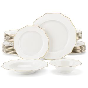 malacasa bone china dinnerware set, 32 piece round plates and bowls sets for 8, white dinnerware sets with golden rim, lightweight dishes set with plate and bowl set, series lotus