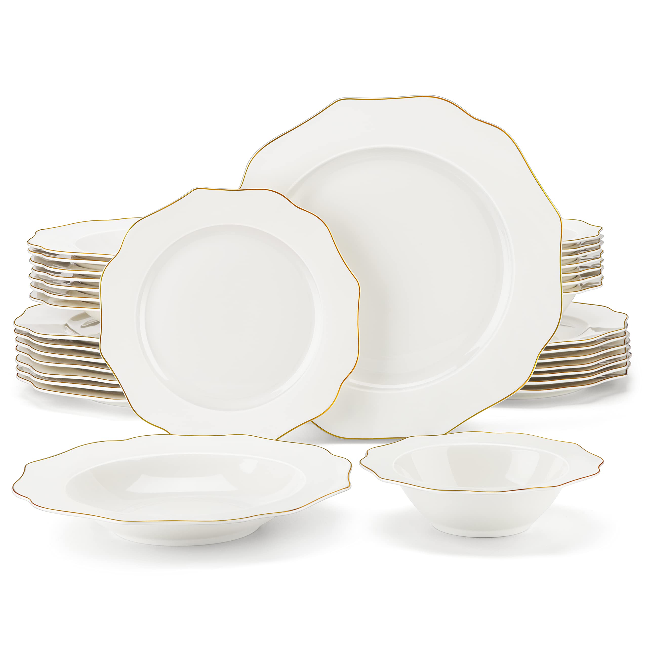 MALACASA Bone China Dinnerware Set, 32 Piece Round Plates and Bowls Sets for 8, White Dinnerware Sets with Golden Rim, Lightweight Dishes Set with Plate and Bowl Set, Series LOTUS