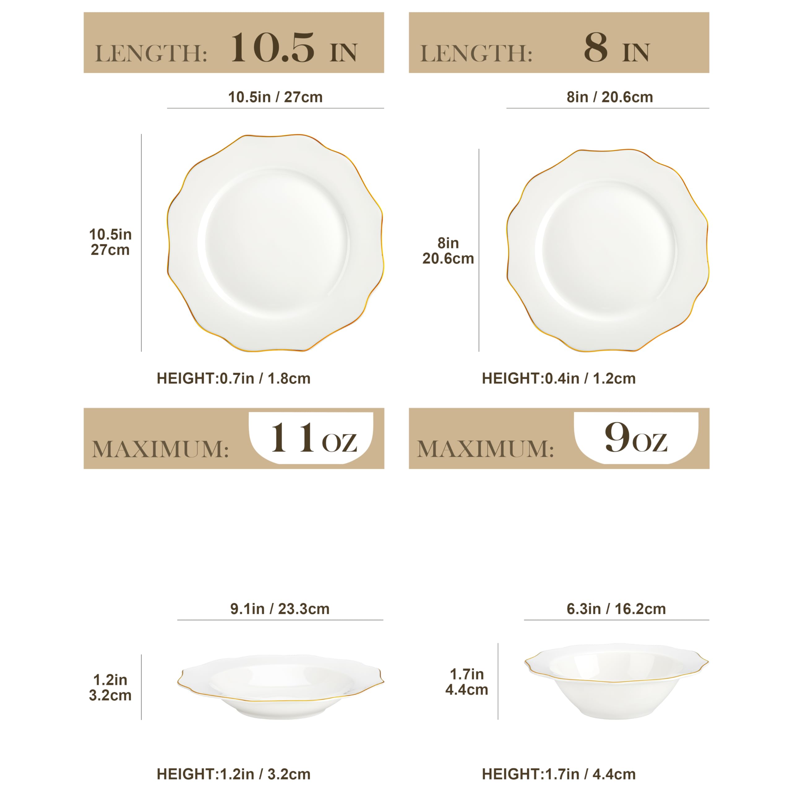 MALACASA Bone China Dinnerware Set, 32 Piece Round Plates and Bowls Sets for 8, White Dinnerware Sets with Golden Rim, Lightweight Dishes Set with Plate and Bowl Set, Series LOTUS