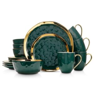 stone lain porcelain 16 piece dinnerware set, service for 4, green and golden rim