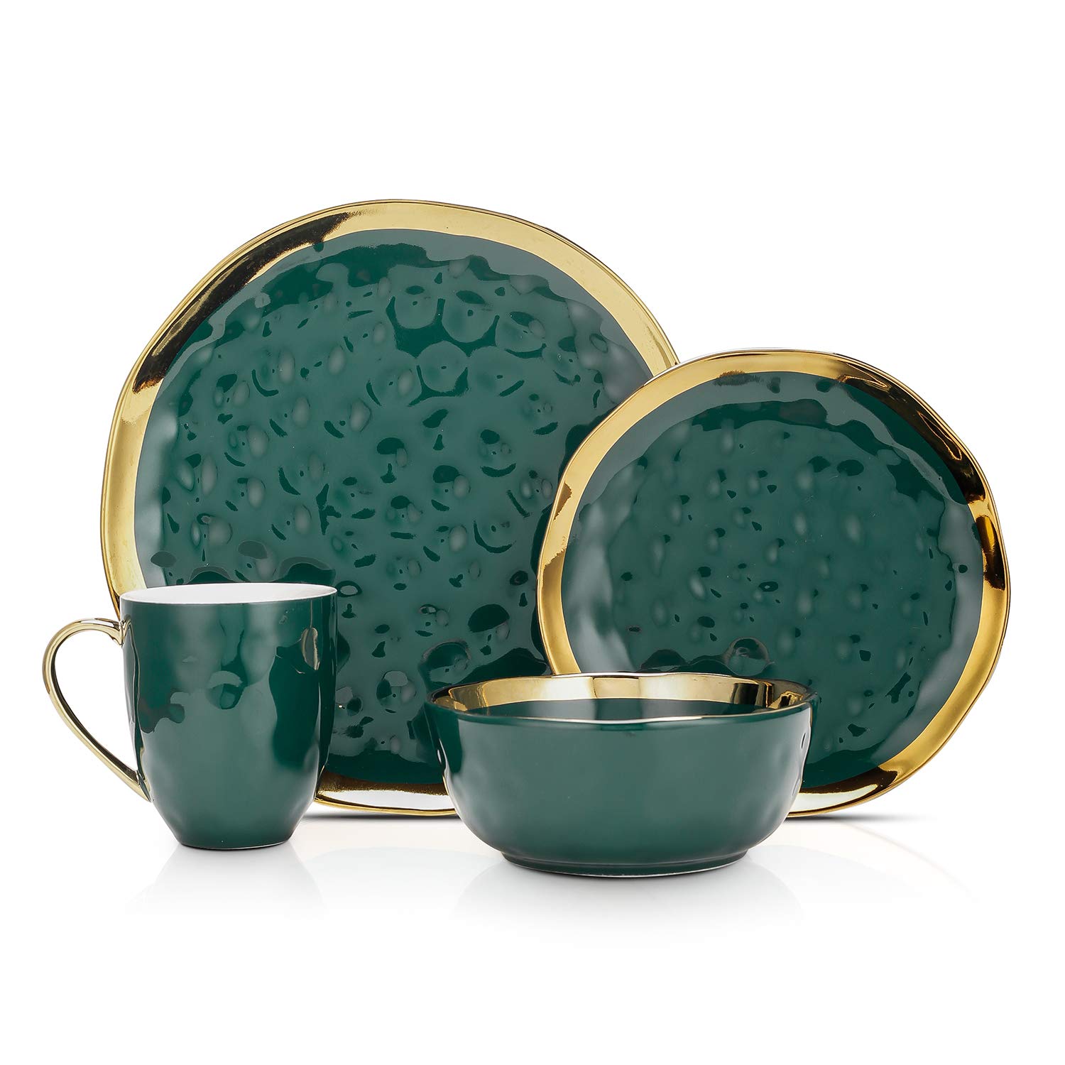 Stone Lain Porcelain 16 Piece Dinnerware Set, Service for 4, Green and Golden Rim