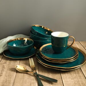 Stone Lain Porcelain 16 Piece Dinnerware Set, Service for 4, Green and Golden Rim