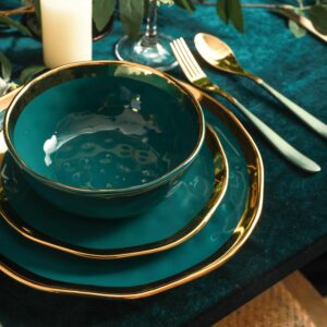 Stone Lain Porcelain 16 Piece Dinnerware Set, Service for 4, Green and Golden Rim