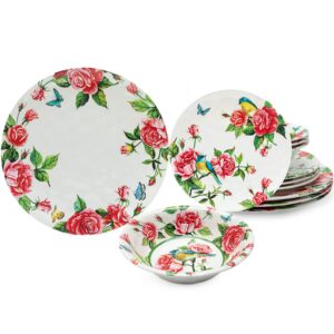 lehaha 12 pcs melamine dinnerware sets, rose flower plates and bowls sets, set of 4 spring floral dishes dinnerware set, great for valentine's day,christmas, mother's day and daily use, red rose