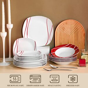 MALACASA Dinnerware Sets, 18-Piece Porcelain Square Dishes, Gray White with Red Rim, Modern Dish Set for 6 - Plates and Bowls Sets, Ideal for Dessert, Salad, and Pasta - Series FELISA