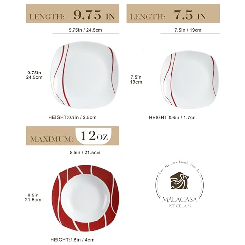 MALACASA Dinnerware Sets, 18-Piece Porcelain Square Dishes, Gray White with Red Rim, Modern Dish Set for 6 - Plates and Bowls Sets, Ideal for Dessert, Salad, and Pasta - Series FELISA