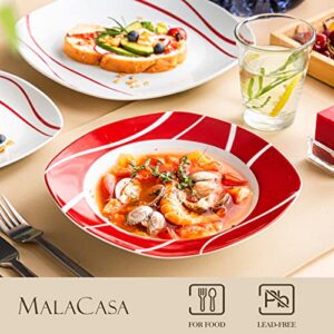 MALACASA Dinnerware Sets, 18-Piece Porcelain Square Dishes, Gray White with Red Rim, Modern Dish Set for 6 - Plates and Bowls Sets, Ideal for Dessert, Salad, and Pasta - Series FELISA