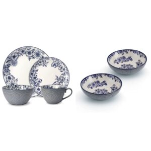 pfaltzgraff gabriela blue 16-piece dinnerware set, service for 4 and pfaltzgraff gabriela blue floral set of 2 pasta bowls, 8 inch, teal and white