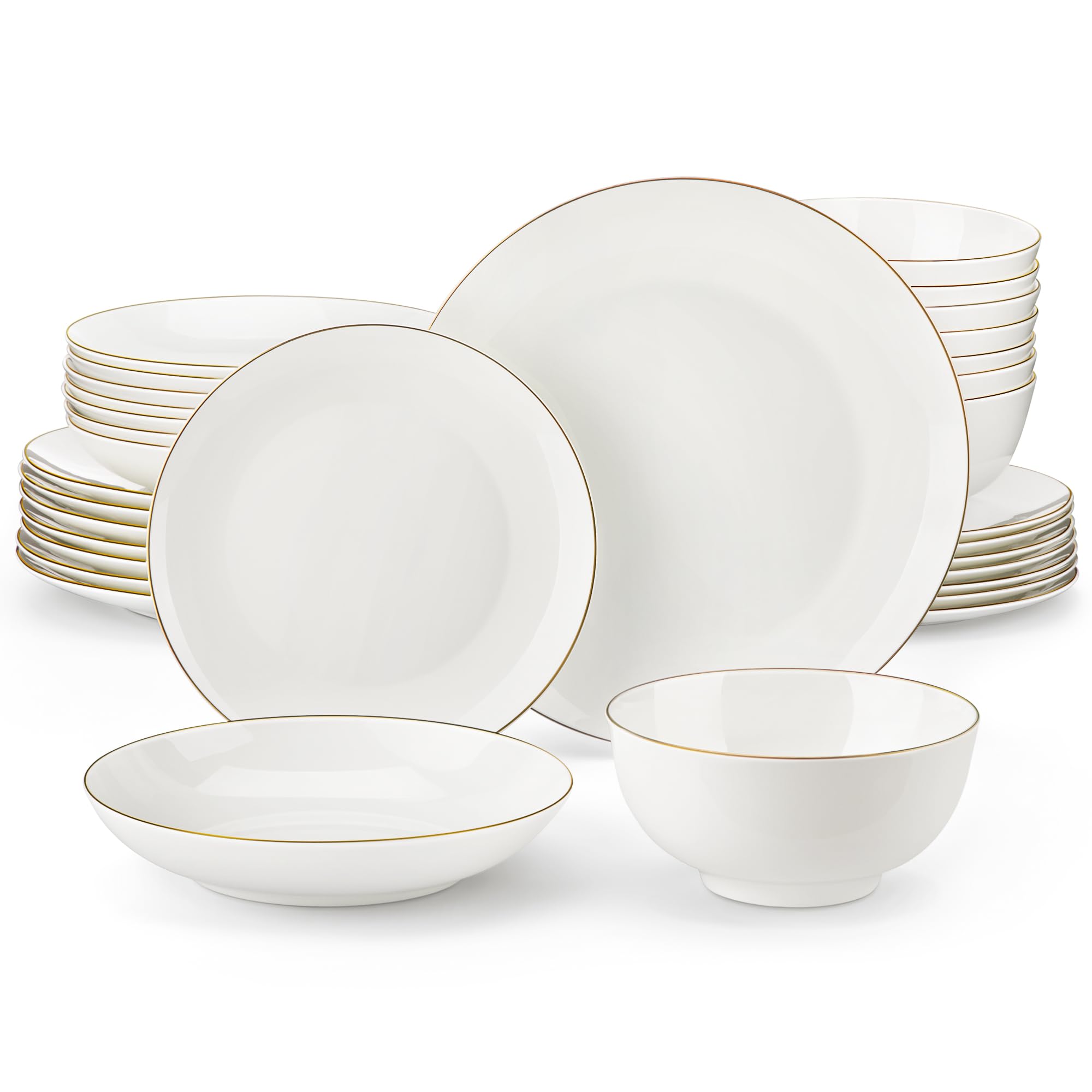 MALACASA Dinnerware Sets for 8, 32 Piece Fine Bone China Dinnerware Set with Golden Rim, Lightweight Round Dinner Set with Dishes, Plates and Bowls Sets, Modern Kitchen Dish Set, Series NORI