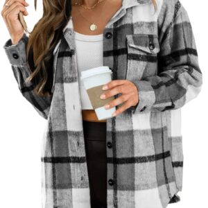 AUTOMET Womens Fall Outfits Fashion Clothes Tops Oversized Flannel Jackets Shirts Button Down Long Sleeve Shacket Blouse 2024 Grey