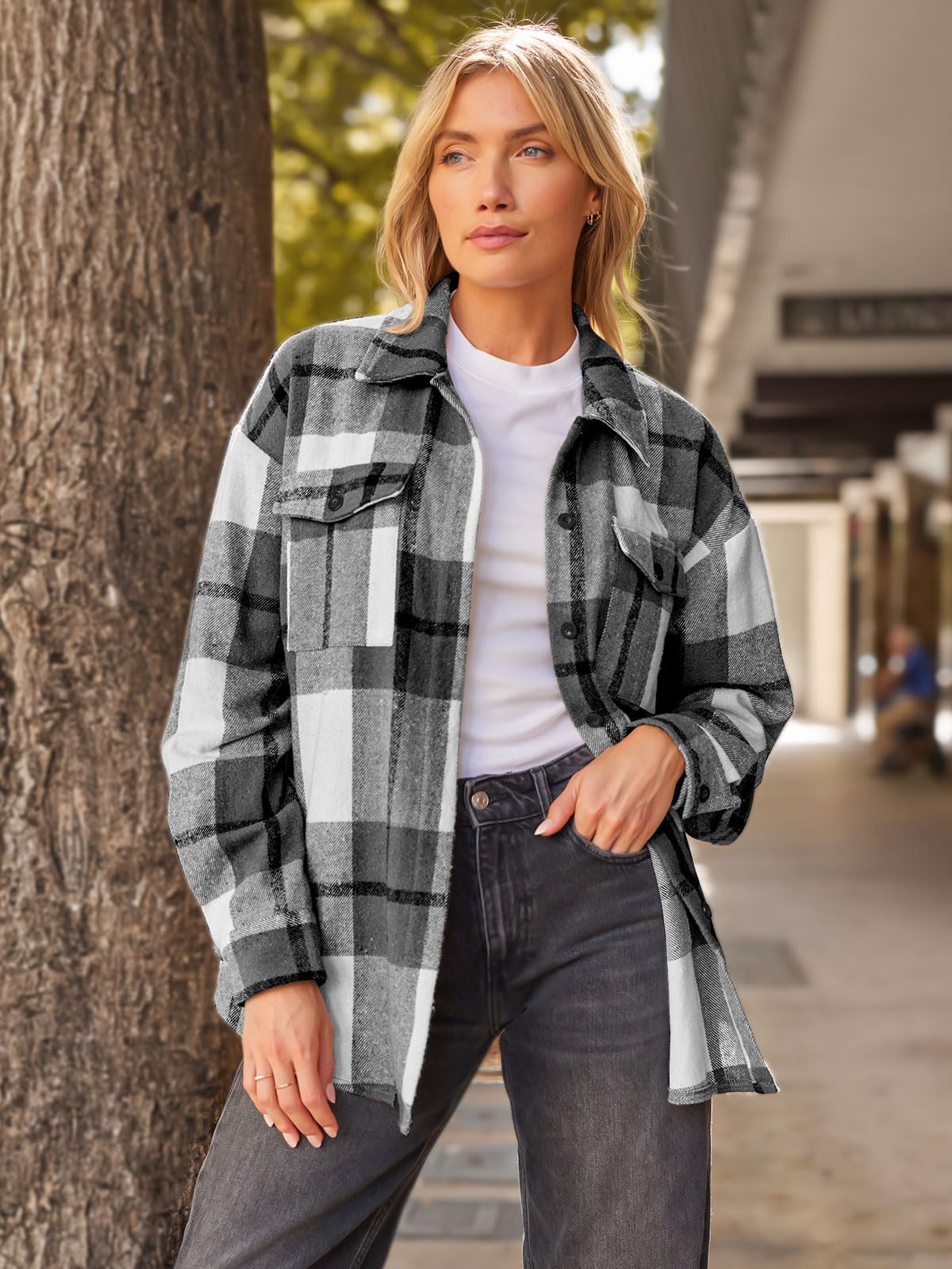 AUTOMET Womens Fall Outfits Fashion Clothes Tops Oversized Flannel Jackets Shirts Button Down Long Sleeve Shacket Blouse 2024 Grey